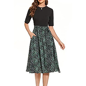 CISMARK Womens Half Sleeve Ribbed Midi Dress Modest Casual Work Dress with Pockets Black Print XL