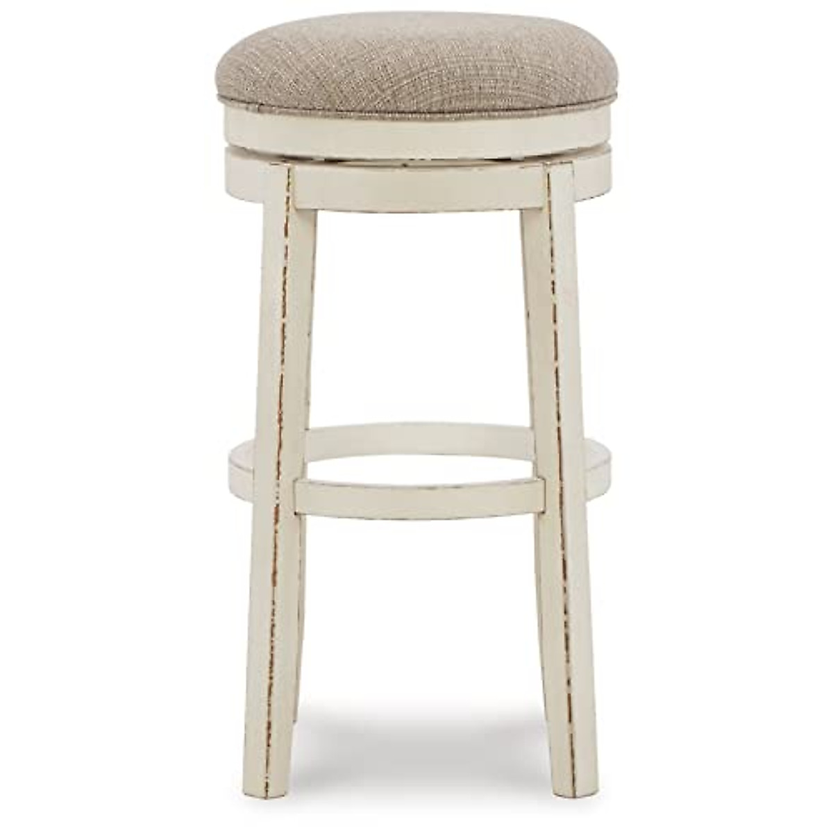 Signature Design by Ashley Realyn French Country Upholstered Swivel Bar Height Bar Stool with Foam Cushioned Seat, White & Beige