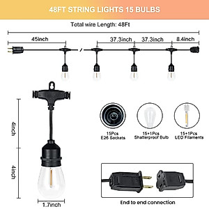 Zuske 48FT LED Outdoor String Lights, Hanging String Lights with 15+1 Dimmable Edison Shatterproof Bulbs, IP65 Commercial Grade Waterproof Heavy-Duty Lights for Patio, Porch, Garden, Fence