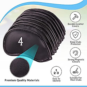 All Teed Up Premium Magnetic Leather Iron and Wedge Golf Club Head Covers | Set of 10 | Fits Most Clubs | Embroidered Club Label on Both Sides of Club Head Cover