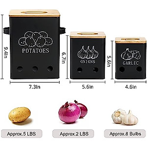 WUWEOT 3 Pack Vegetable Storage Bin, Potato Onion Garlic Storage Canister, Black Metal Vegetable Fresh Keeper Caddy, Kitchen Pantry Organizer Jars with Bamboo Lid and Aerating Holes