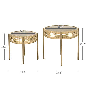Outsunny 2 Piece Wicker Patio Table Set, PE Rattan End Table Set, Outdoor Round Coffee Table Set, Multi-Functional, Slatted Metal Top, Brown