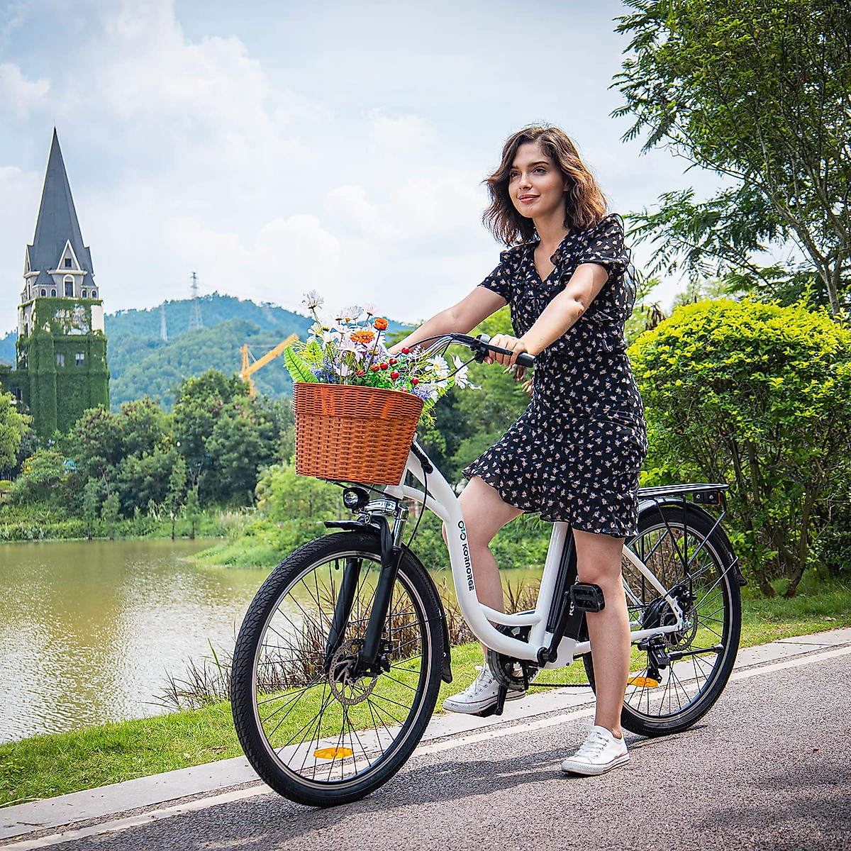 Electric Bike for Adult - 26" City Cruiser Electric Bicycle 350W Motor-12.5 Ah Removable Battery-Up to 40 Miles,Shimano 6-Speed and Dual Shock Absorber,City Electric Commuter Bike for Adults (White)