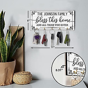 MUCHNEE Personalized Wooden Key Holder Wall Décor with Custom Family Name - Bless Home & People Enter, Key Ring Holder Hook Art with 5 Hooks for Wall, Entryway - Housewarming Gift for Family, Friends