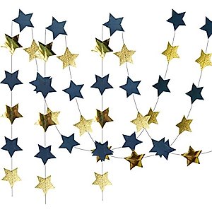 Furuix Outer Space Decorations Birthday Party Decorations 2pcs Navy Blue Glitter Gold Paper Star Garlands Star String for Baby Shower Decorations