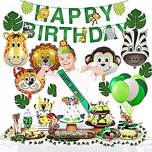 Yancan Safari Birthday Decorations Jungle Theme Party Supplies Included Birthday Banner Hat Sash Animal Balloons for Kids Boys Birthday Decor