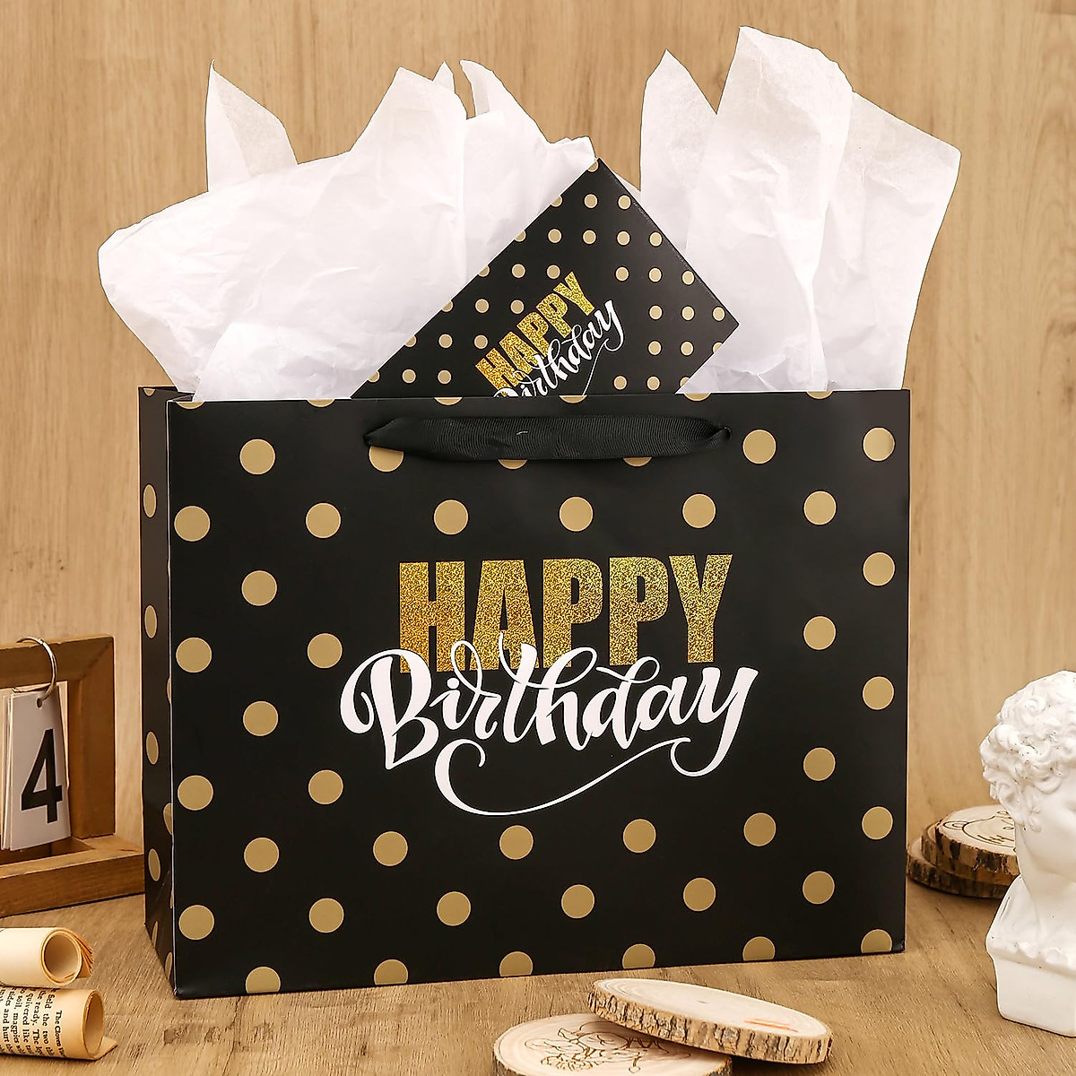 CAMKUZON Black Birthday Gift Bag with Card and Tissue Paper - Gold Foil Happy Birthday & Polka Dot Design - Large Gift Bags for Birthday Party, 13" X 10" X 5"