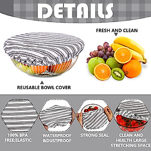 Whaline 10Pcs Bowl Covers Reusable In 5 Size Stretch Cloth Fabric Dish Cover Farmhouse Plaid Gray Ticking Stripe Lids for Food Fruits Leftover Storage
