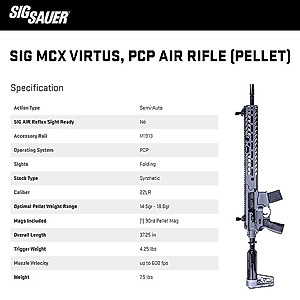 Sig Sauer MCX Virtus PCP Pellet Air Rifle | 30rd RPM .22LR Caliber Semi-Automatic Pre-Charged Pneumatic Rifle for Target Shooting Training