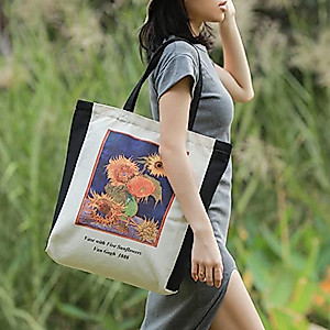 Sanmuci Canvas Tote Bag, Aesthetic Pattern Zipper Tote Bag, Reusable Oversized Plus Inside Pocket Grocery Bag, Supermarket, Beach, Van Gogh - Vase with Five Sunflowers