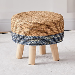 Cpintltr Foot Stool Natural Seagrass Hand Weave Poufs Round Ottoman for Couch Desk Soft Step Stool Padded Foot Rest with Non-Skid Pine Legs for Hallway Office Lounge Natural/Blue
