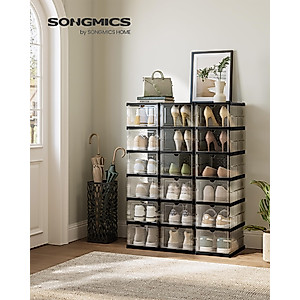 SONGMICS Foldable Shoe Boxes, Pack of 18 Stackable Shoe Storage Organizer, Set of 3 Integraed Shoe Cabinets, Portable, Fit up to US Size 13, 60s Assembly, Transparent and Ink Black ULSP207B01