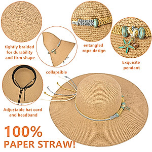 Beach Hats for Women Packable Boho Hat, Wide Brimmed Sun Hats for Womens Straw Hats for Summer UPF 50+ UV Protection Khaki