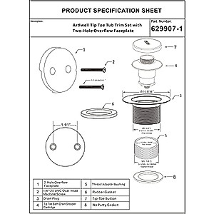 Champagne Bronze Tip-Toe Tub Trim Set with Two-Hole Overflow Faceplate and No Plumber’s Gasket, Replacement Bath Drain Trim Kit with Universal Fine/Coarse Thread, No Putty Installation by Artiwell