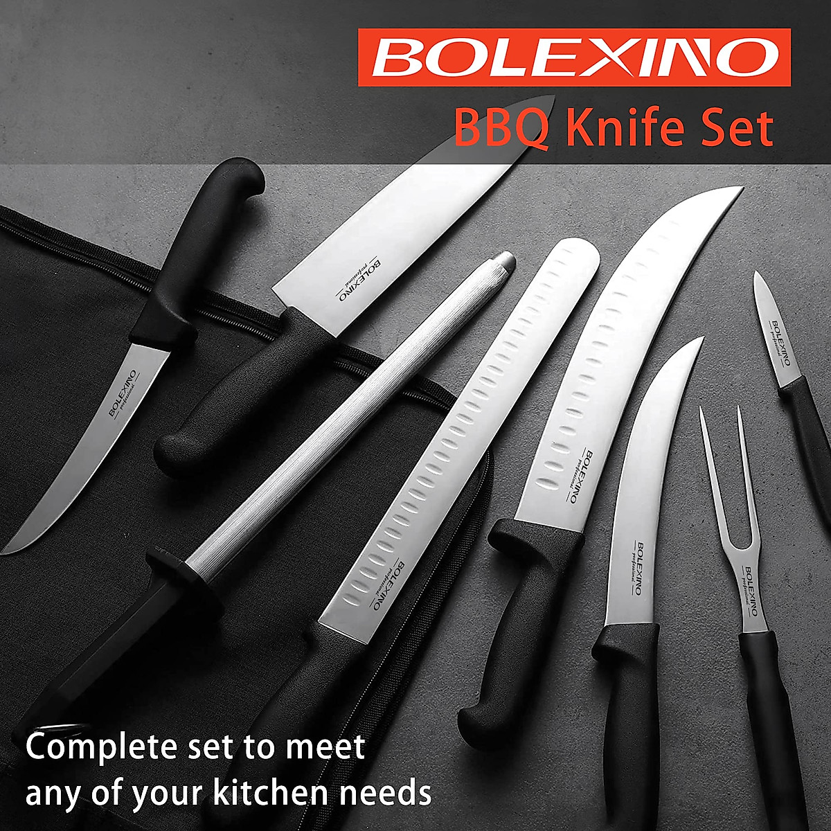 BOLEXINO Professional 9 Piece BBQ Knife Set, Knife Roll, Japanese style Premium stainless Steel Chef Knife Set, The Ultimate Grilling Set with Carrying Bag