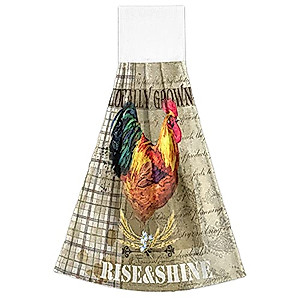 Rooster Daisy Plaid Kitchen Hanging Towel 12 x 17 Inch Flowers Chicken Wheat Hand Tie Towels Set 2 Pcs Tea Bar Dish Cloths Dry Towel Soft Absorbent Durable for Bathroom Laundry Room Decor