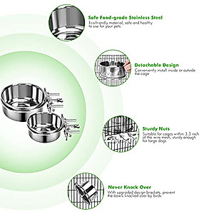 Yummy Sam 2 Pcs Small Dog Food Water Bowl for Cage with Upgraded Clamp Holder, Pet Kennel Hanging Bowls Stainless Steel Detectable Bowls Crate Feeder Dish for Small Dogs (4.7x2'' & 3.9x2'')