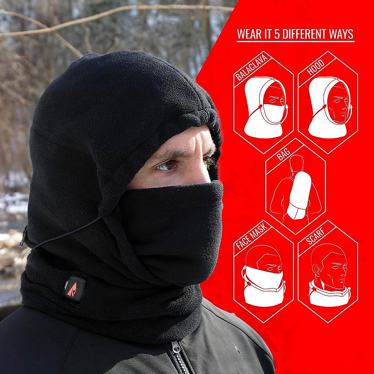 ActionHeat 5V Battery Heated Fleece Balaclava Face Mask Men - Winter Face Mask for Cold Weather, Unisex Heated Hat, One Size Black