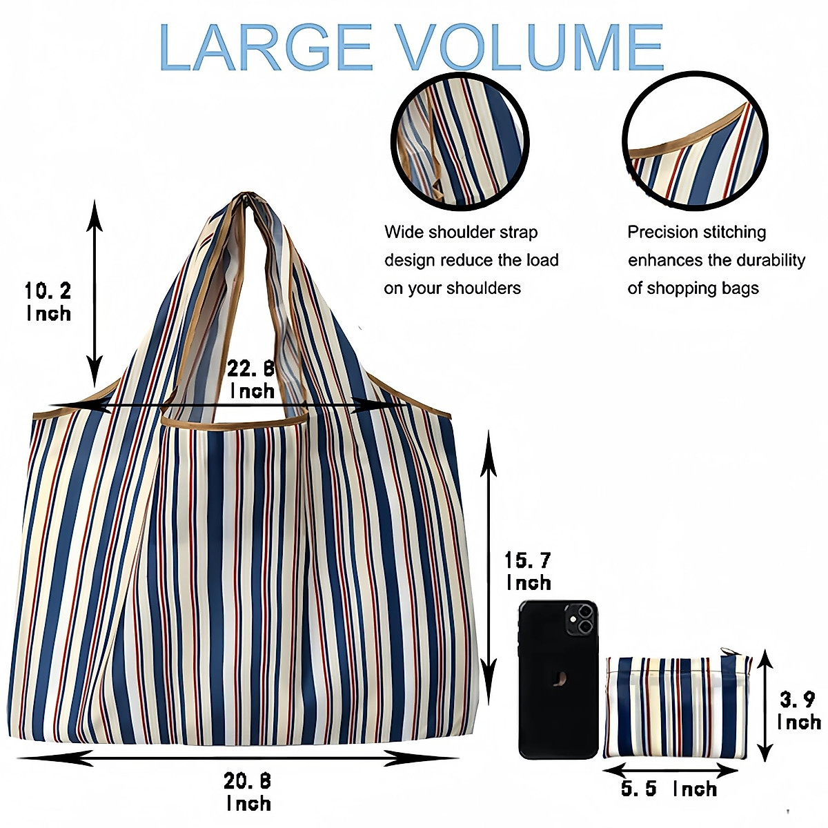 BeyGior Reusable Grocery Bags 3 Pack,Reusable Shopping Bags for Groceries,Large Grocery Bags,Reusable Bags Heavy Duty Up to 50LBS,Grocery Tote Bags with Attached Pouch (multistripe)