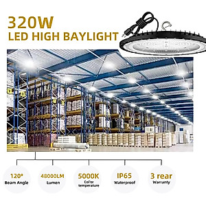 ROMMOR UFO LED High Bay Light 320W(1200W MH/HPS), 48000lm, 5000K Daylight High Bay LED Shop Lights with 5' Cable US Hook, IP65 Commercial Light Fixture for Warehouse Workshop Barn Factory