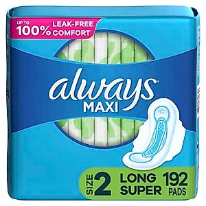 Always Maxi Feminine Pads For Women, Size 2 Long Super Absorbency, Multipack, With Wings, Unscented, 32 Count x 6 Packs (192 Count total)