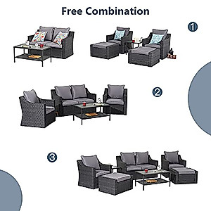 May in Color 7 Pieces Outdoor Patio Furniture Set, Wicker Conversation Set with Ottomans Cushions, Sectional Lounge Chair Sofa with Coffee Table, for Porch Deck Poolside Garden Balcony Backyard, Grey