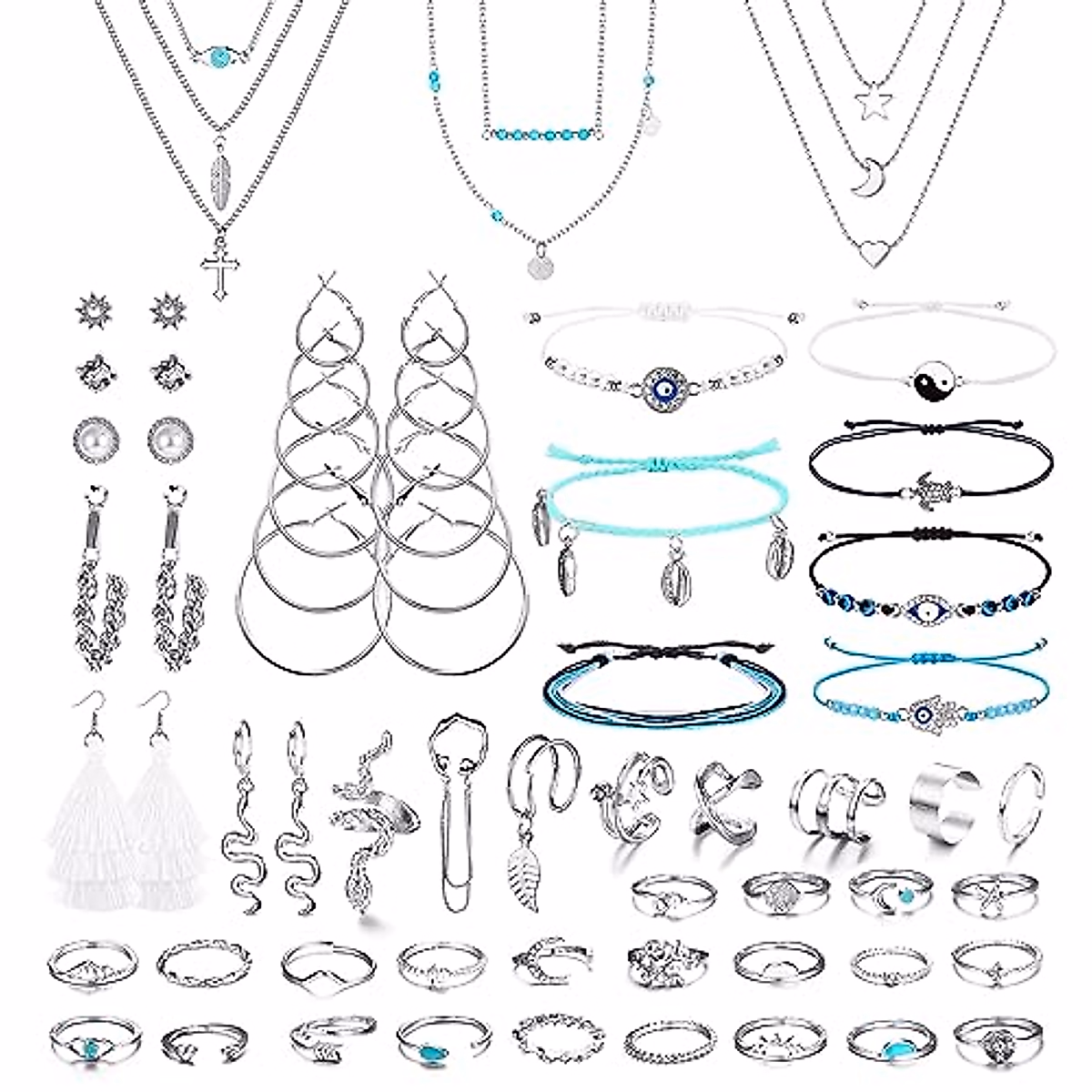 ORAZIO 52 Pcs Jewelry Sets for Women Layered Necklace Adjustable Braided Bracelets Set Dangle Stud Hoop Earrings CZ Stackable Knuckle Ring Set Fashion Ear Cuff Set Silver Gold Women's Jewelry Sets(Silver)