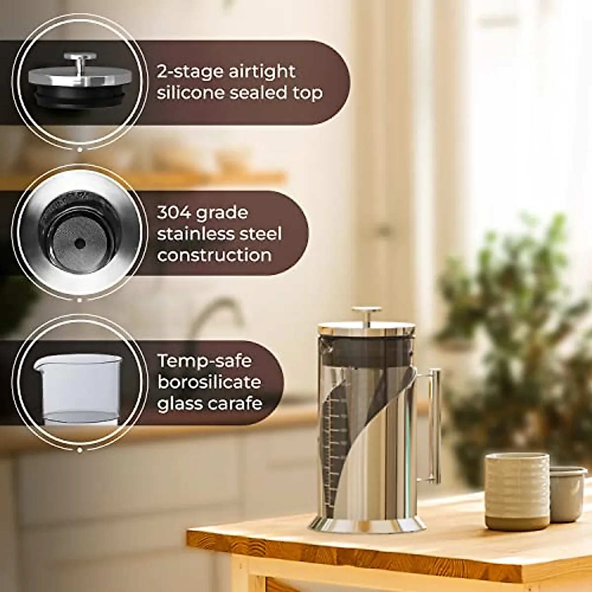 Cafe Du Chateau Start Brewing Perfect Iced Coffee & Tea w/Our Cold Brew Coffee Maker, Pitcher for Fridge (34oz) - Air Tight Seal, Measuring Label - Stainless Steel Iced Coffee Maker Machine, Brewer