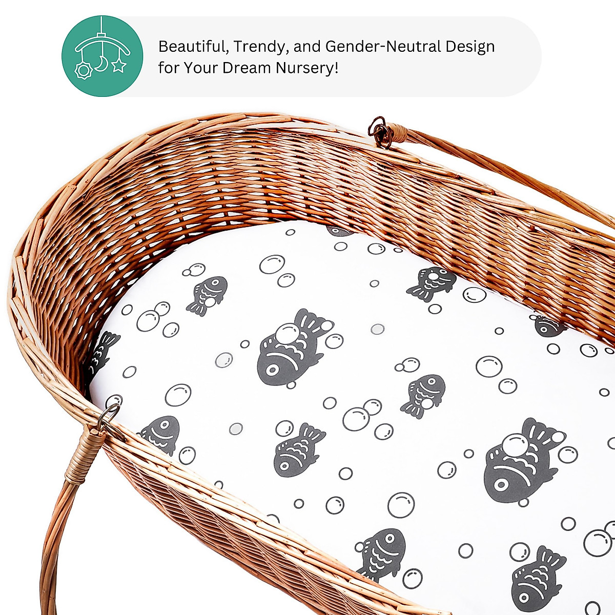 TansyPanda Bassinet Sheets for Baby Delight Snuggle Nest, Chicco LullaGo, Snoo Smart, Fisher Price, 4PC, 30 x 18 Inch, Ultra Soft, Breathable, Snug Fit, Unisex Boys Girls, Gray White (Ocean Fish)