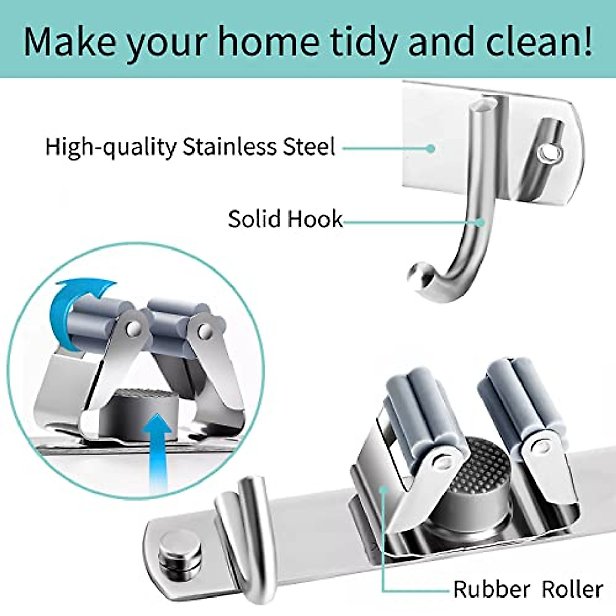 Mop Broom Holder, 4 Hooks and 3 Racks Wall Mount Long Grippers Hanger for Household Easy Storage Clip Racks, No-Slip Utility Hooks Tool Hanger for Home, Bathroom, Kitchen, Garden, Garage