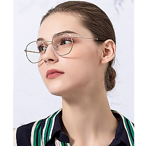 JOVAKIT Polygon Blue Light Blocking Glasses for Women Men Fashion Vintage Small Square Non-prescription Metal Eyeglasses (Gold)