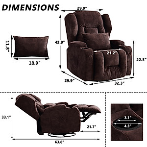 IPKIG Manual Recliner Chair - Swivel Rocker Recliner Chair, Velvet Fabric Recliner Sofa Chairs with 2 Cup Holders, Lumbar Pillow and Side Pockets for Nursery Living Room (Coffee- Manual Recliner)