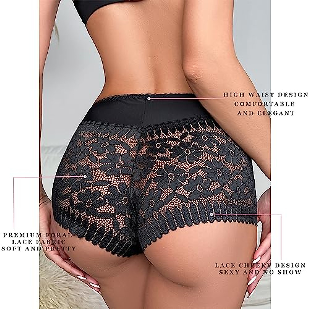 Cinvik Big Womens High Waist Underwear Foral Lace No Trace Mid-high Waisted Mesh Sexy Plus Size with Lacy Trim Panties Satin Control Top 1XL