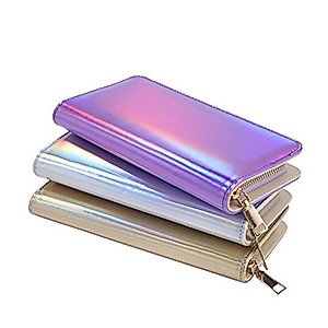 YAIRYANGTZE Hologram Slim PU Leather Wallet with Zipper Long Clutch Wallet Purse for Women (Silver)