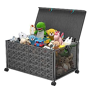 SHIISEWE Toy Storage Box, Metal Toy Organizers and Storage Bins, Large Toy Box for Boys Girls, 70L Toys Storage Chest with Wheels, Collapsible Kids Toy Storage Organizer for Nursery, Playroom