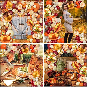 129pcs Fall Confetti Balloons, Huge Pumpkin Maple Pine Leaf Aluminum Foil Balloons Orange Brown Helium Latex Balloons for Birthday, Baby Shower, Thanksgiving, Friendsgiving Party Decorations Supplies