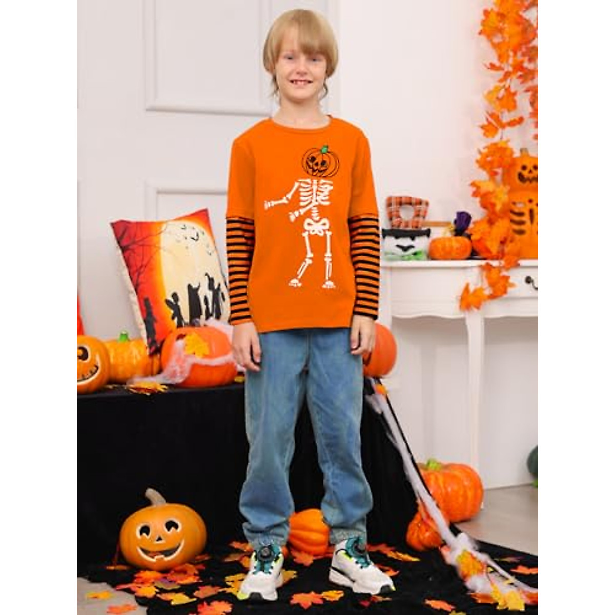 Unisex Kids Little Boys Halloween Pumpkin Shirt Glow in The Dark Skeleton Outfit Girls Stripe Long Sleeve Tee Size 8 9