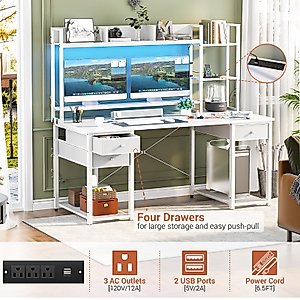 Aheaplus Desk with LED and Outlets, Gaming Desk with Hutch, 55.2'' Computer Desk with Drawers, Reversible Office Desk with Storage Bookshelf Large Workstation Desk with Shelf, Desk for Home, White