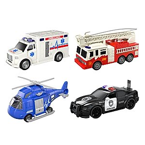 Emergency Vehicle Toy Playsets 4 Pack, Toddler Trucks Rescue Toys for Boys Age 3-5, Ambulance Car Fire Truck Play Police Car Helicopter with Light and Sound Christmas Birthday Gifts for Boys Girls