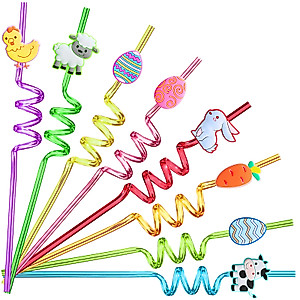 24 Easter Party Favors Easter Eggs Bunny Carrot Chicken Cow Sheep Drinking Straws for Kids Easter Gifts,Easter Party Supplies Decorations with 2 PCS Straws Cleaning Brush