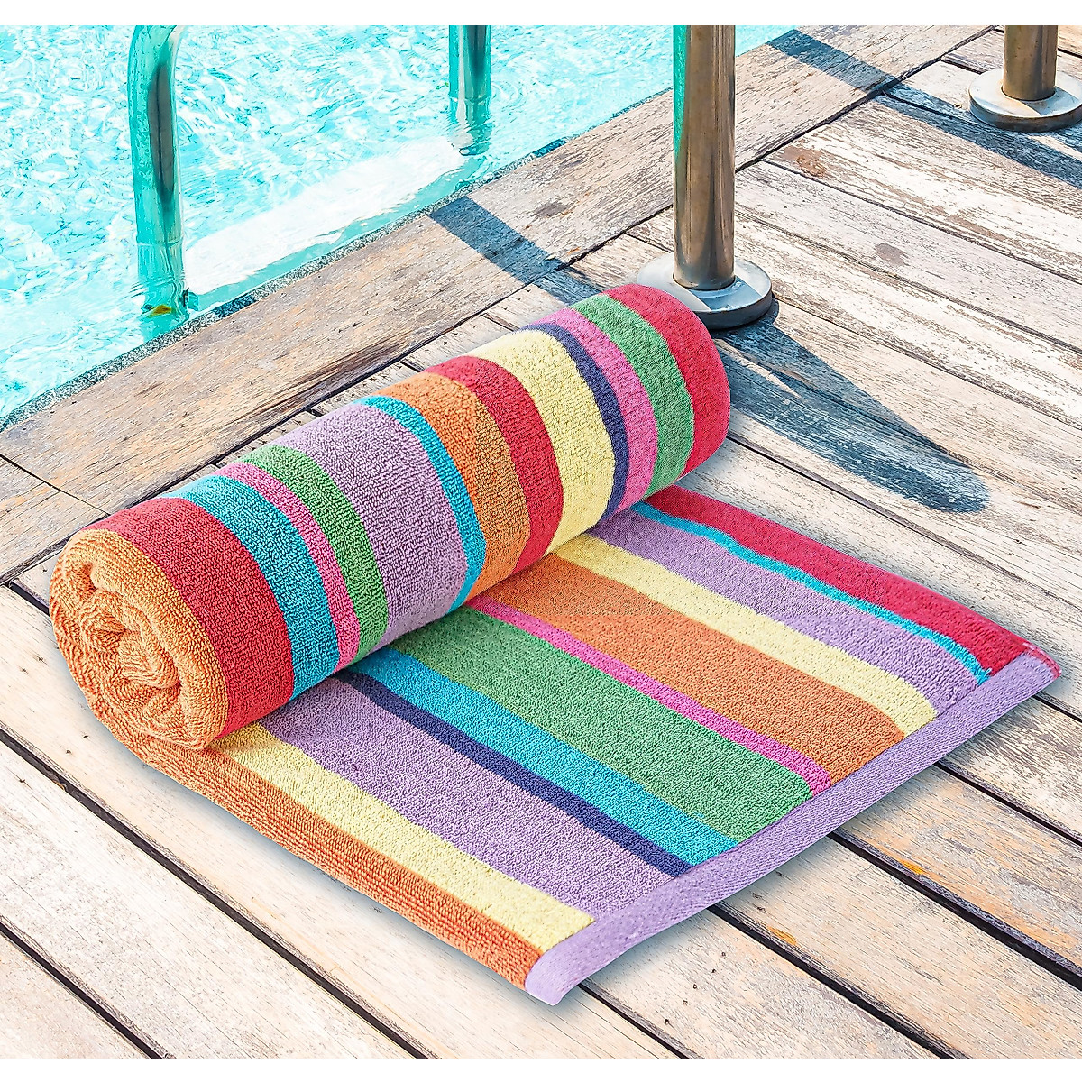 White Classic Cotton Beach Towels Oversized 30 x 60 Inches, Ultra Absorbent and Low Lint Striped Pool Towels for Adults, Unique Rainbow Design Luxury Extra Large Bath Towels, 4 Pack