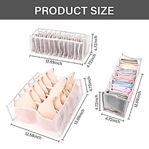 3pcs Underwear Organizers and Storage Baskets for Clothset Drawers, 6,7,11 Grids Wardrobe Clothes Organizer, Portable Clothing Storage Bins Containers for Bra,Underpants,Socks,Jeans,Scarf,Gray (WHITE)