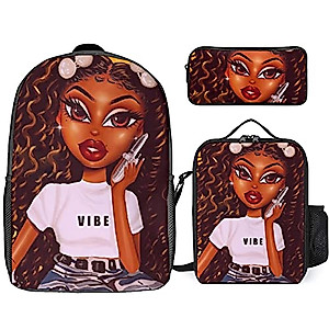 JYSDZSE African Girls 3D Printed Backpack 17 Inch Set School Bag/Crossbody/Pencil Bag Three Piece Backpack for Men and Women