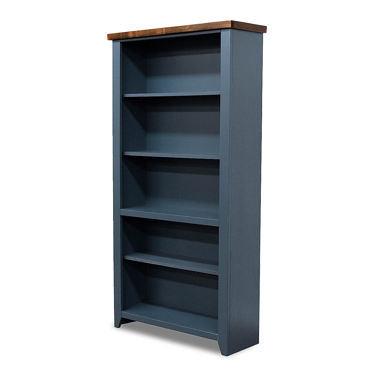 Bridgevine Home Nantucket Modern Farmhouse Bookshelf, 5-Shelf Bookcase, 72 Inch High Bookshelf, Fully Assembled, Poplar Solid Wood Bookshelf, Blue Denim and Whiskey Finish