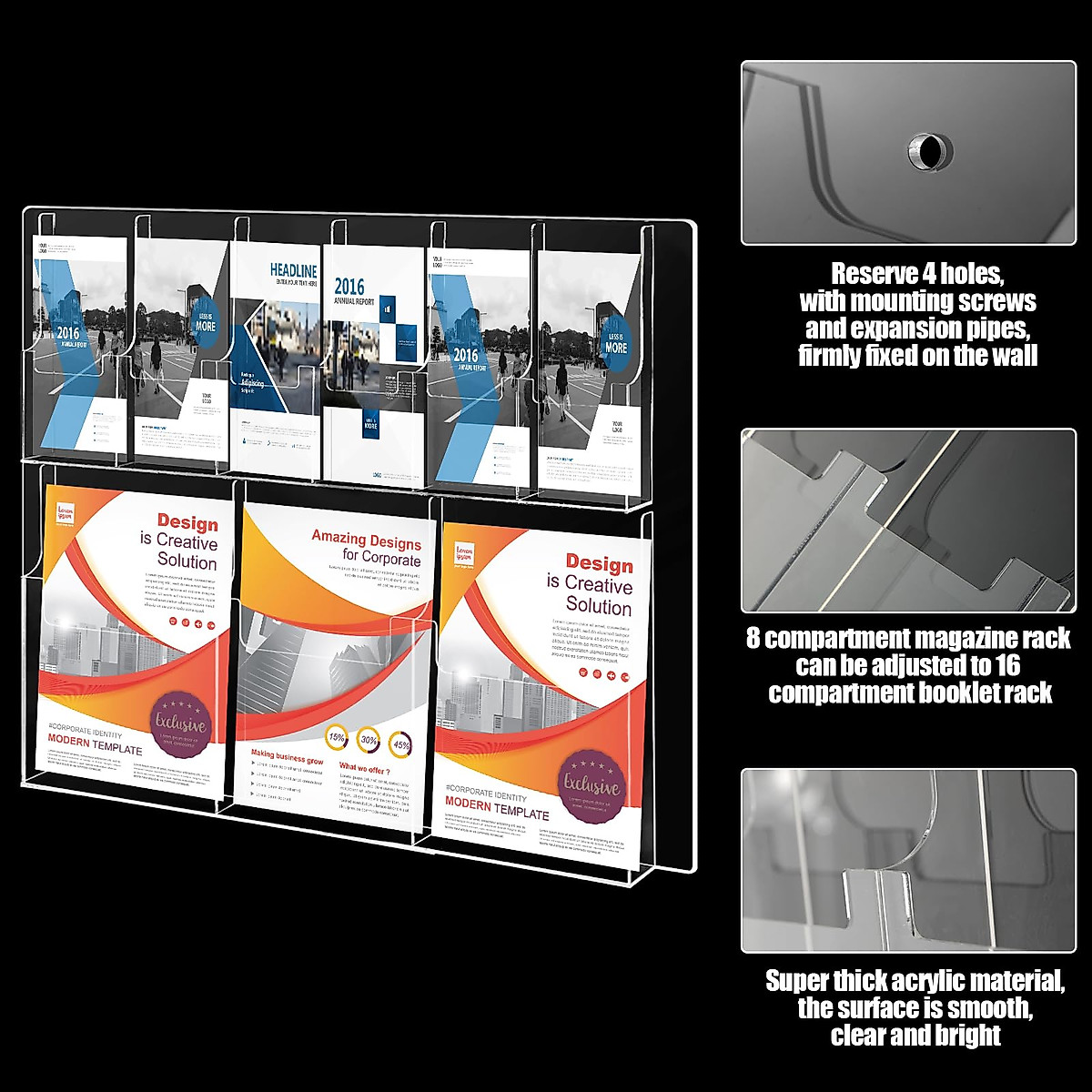 Barydat Acrylic Brochure Holder Wall Mount Plastic Magazine Display Clear Literature Rack Acrylic Pamphlet Holder Wall Mount Flyer Brochure Organizer, 3 Magazine Pockets, 6 Pamphlet Pockets