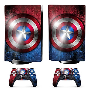 HK Studio Captain Shield Decal Sticker Skin Specific Cover for Both PS5 Disc Edition and Digital Edition - Waterproof, No Bubble, Including 2 Controller Skins and Console Skin