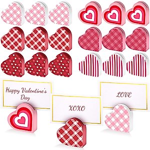 Qunclay 18 Pcs Valentine's Day Wooden Heart Place Card Holder Mini Heart Decor with 30 Pcs Gold Foil White Place Card Table Photo Number Sign Stand Holder for Place Setting Decoration(Bright Style)