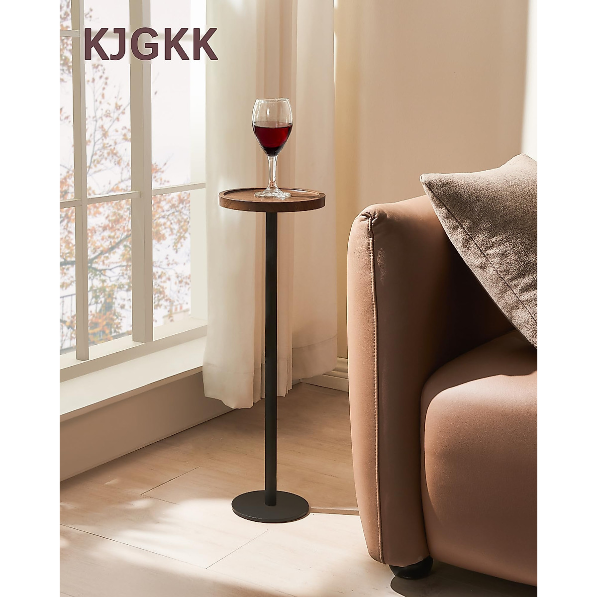 KJGKK Drink Table, Small Pedestal Side Table, Round Cocktail Table, Accent End Table with Metal Base, for Small Spaces, Brown & Black