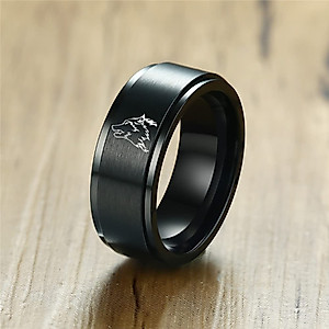 Viking Wolf Spinner Ring for Men Women, Stainless Steel Wolf Head Wolves Spirit Anxiety Band Ring, Fenrir Wolf Finger Rings, Wolf Fans Jewelry Gifts, Black, Size 11