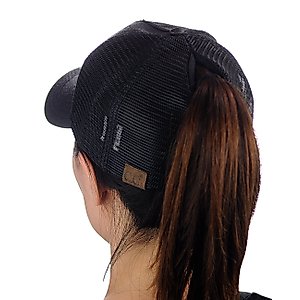 C.C Ponycap Messy High Bun Ponytail Adjustable Glitter Mesh Trucker Baseball Cap, Black